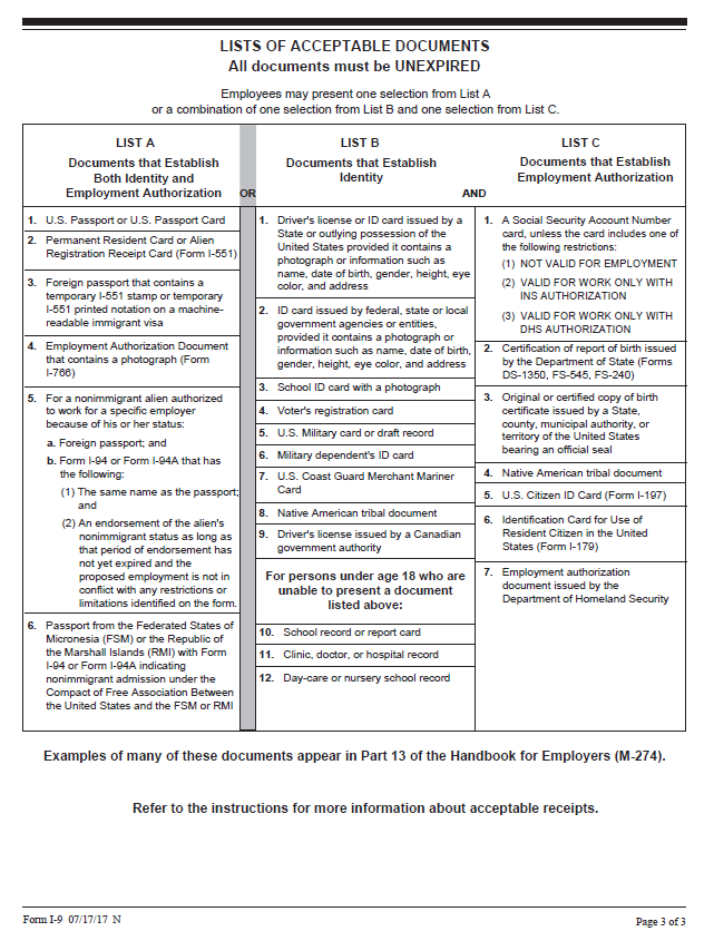 Directions to update to Form I-9, Version 07/17/17 N