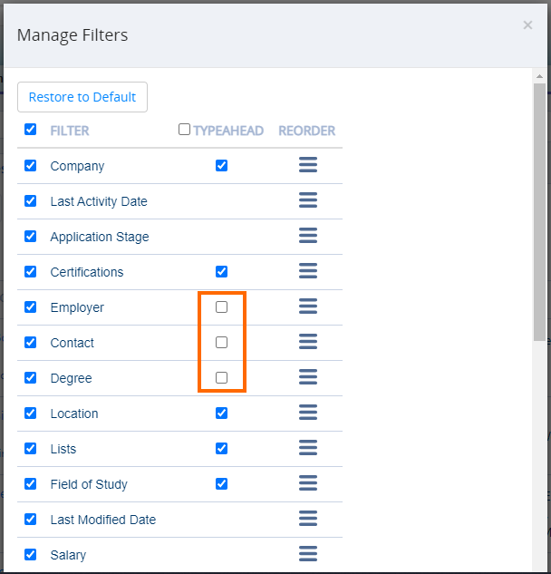 Deactivating the type ahead function on Filters in Sourcing Center